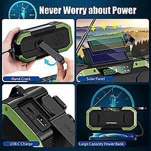 Emergency Hand Crank Solar Radio,Waterproof Bluetooth Speaker,AM FM NOAA Portable Digital Weather Radio with Flashlight,Reading Lamp,5000mAh Cell Phone Charger,SOS Alarm,Compass,Survival Camping Gear