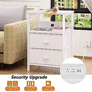 Furologee End Table and Bookshelf, Nightstand with Charging Station, Tall Narrow Bookcase with Shelves, Side Table with Storage Shelf & Hooks, for Living Room/Bedroom