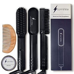Beard Straightener Brush w/Free Beard Balm & Comb, Premium Hair Straightening Brush Kit, Heated Beard Comb, 3-Heat Settings, Fast Heat Beard Brush for Men - StormiNite