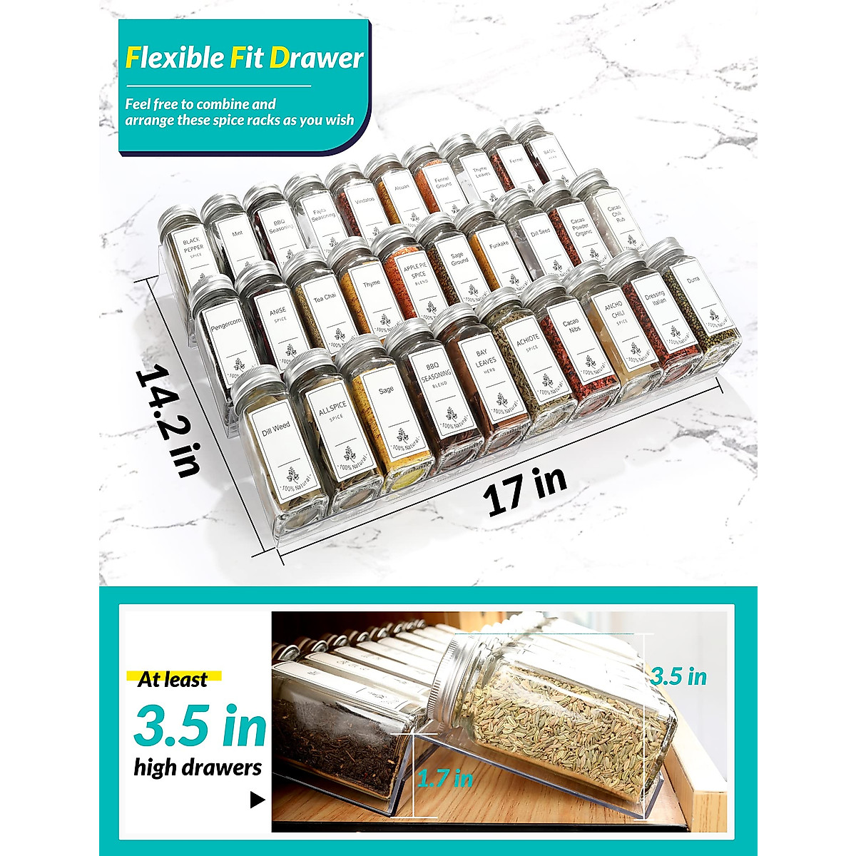 LaVie Home Expandable Spice Tray for 9" to 17" Wide Drawer, 6pcs Combinable Clear Racks (3 or 6 Tiers), Up to Store 30 Seasoning Jars, for Small/ Narrow Cabinet Drawer