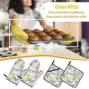 Oven Mitts and Pot Holders Sets 4 Piece, Retro Pastel Flowers Lavender Butterfly Oven Gloves Heat Resistant Non-Slip for Kitchen Cooking Grilling Baking