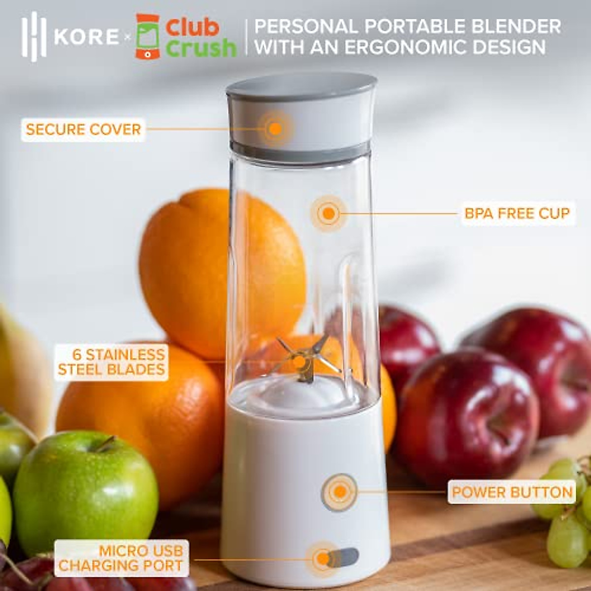 Kore ClubCrush Portable Blender - 13.5 fl oz USB-Rechargeable Travel Blender for Shakes and Smoothies | 5000mAh Battery Included