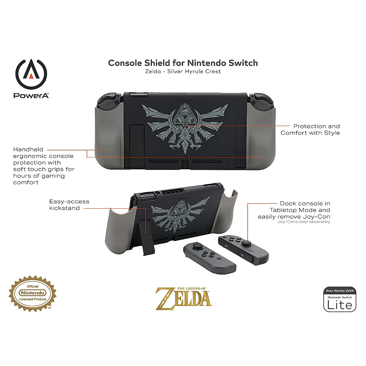 PowerA Console Shield for Nintendo Switch - Silver Hyrule Crest, Nintendo Switch, Protective Case, Gaming Case, Grip, Console Case, Accessories Storage, Officially Licensed
