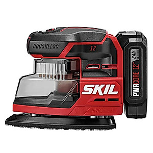 SKIL PWR CORE 12 Brushless 12V Compact Detail Sander Kit with Up to 12,000 OPM Includes 40pc Sandpaper(80/120/180/240 grits), Dust Box, 2.0Ah Battery and Charger - SR6608A-10,Red