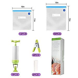 20 PCS Reusable Vacuum Food Sealer Bags, Sous Vide Bags, Plastic Freezer Bags, Kitchen Food Storage Bags with Handheld Pump(10 medium + 10 large)