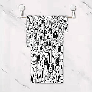 ATTX Bathroom Decorative Towel Set with Black White Doodle Dogs Print, 3-Piece Set with 30x60 inch Bath Towel, 16x28 inch Hand Towel & 13x13 inch Washcloth