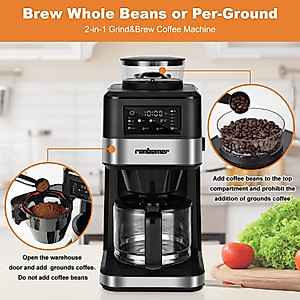 Ranbomer Coffee Maker With Grinder, 10 Cup Coffee Machine,Programmable Grind & Brew, Keep Warm Plate Coffee Machine and Burr Grinder Combo，51 oz