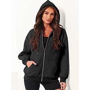 ANRABESS Womens Zip Up Hoodies Long Sleeve Oversized Sweatshirts Fleece Y2K Jacket Pockets 2025 Fall Outfits Fashion Clothes Black X-Large