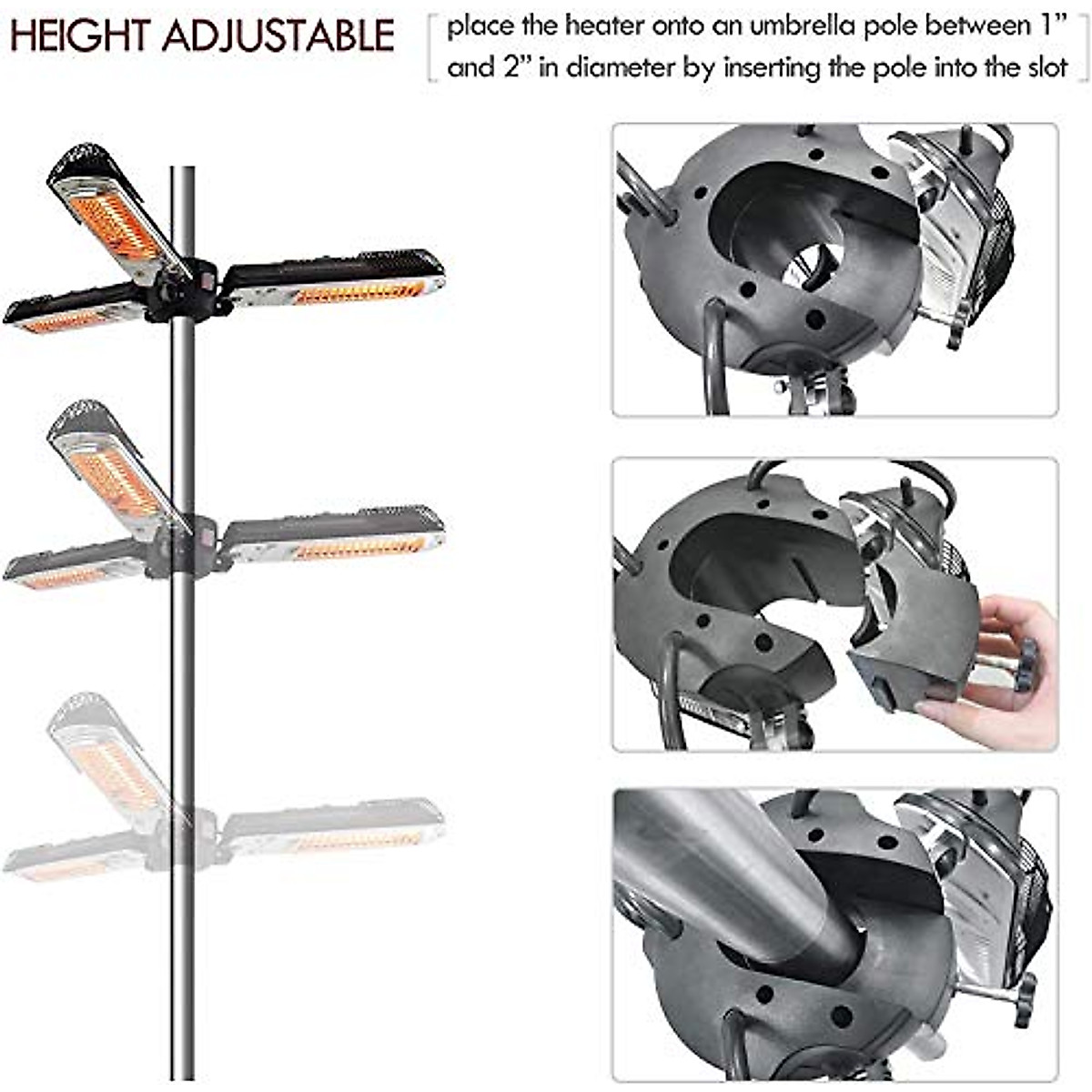 Electric Patio Parasol Umbrella Heater, Folding Outdoor Electric Infrared Space Heater with 3 Heating Panels for Pergola Or Gazabo for Outside Garden Terrace Home Essential