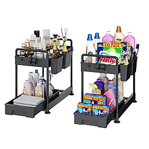 BAYANKHAR Under Sink Organizers and Storage, Multi-purpose Bathroom Organizer Under Sink, 2 Tier Under Kitchen Sink Organizer Sliding Cabinet organizer Basket with Hooks,Hanging Cup,Black,2 Pack