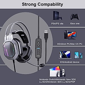 Shuomeng USB Pro Gaming Headset for PC - Computer Headphones with Microphone/Mic, SM-H2Pro 7.1 Surround Sound Wired Headset with LED RGB Light - Gaming Headphones for PS4/PS5,Console Laptop