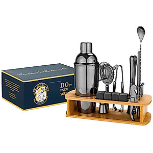 25-Piece Cocktail Shaker Set with Bamboo Stand, 304 Stainless Steel Bartender Kit, Professional Martini Shaker Bar Tool Set for Drink Mixing, Home, Bar, Party (Gun-Metal Black)