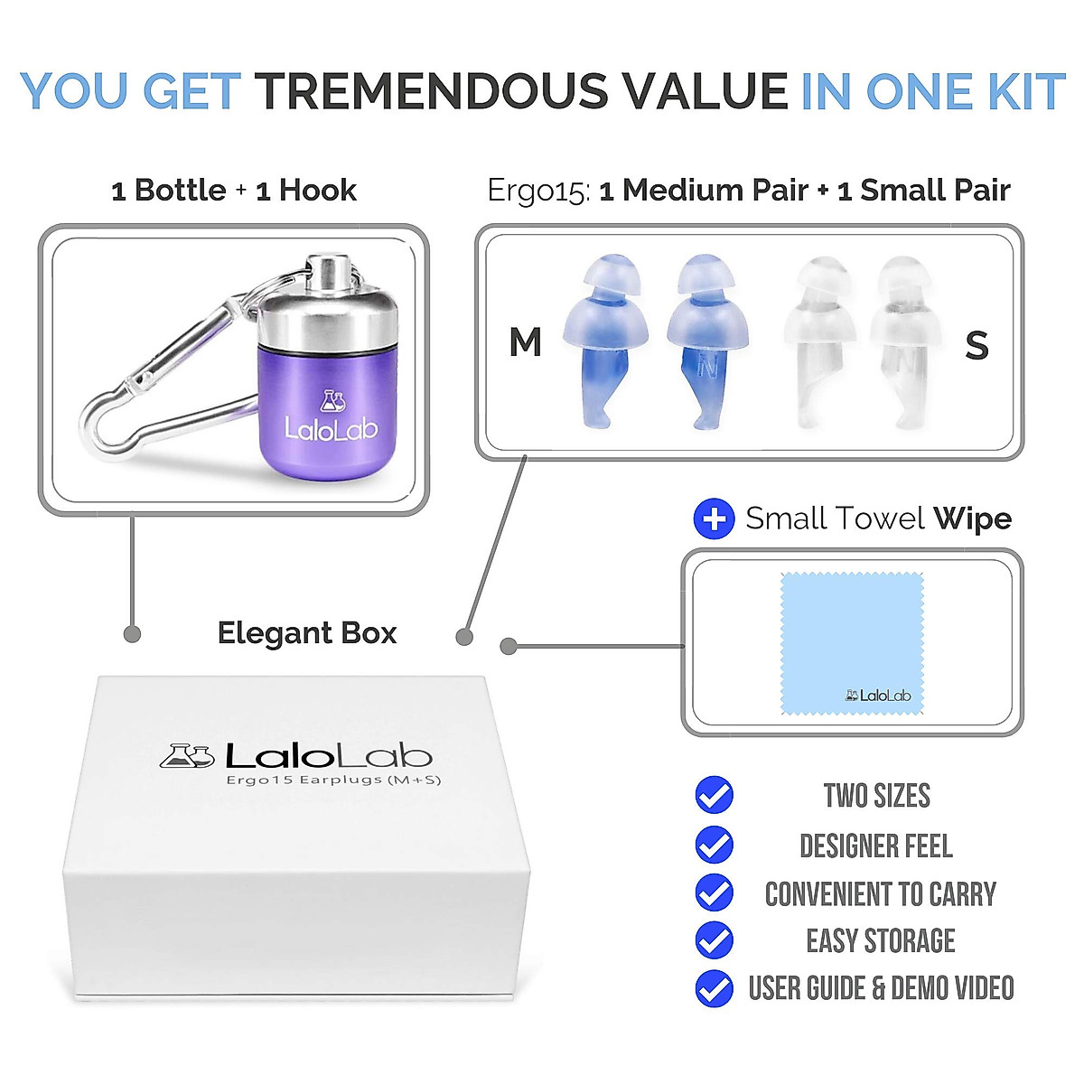 Ear Plugs for Sleeping by LaloLab | 2 Sizes Comfortable Reusable Noise Cancelling Earplugs for Sleep & Snoring, Travel, Work | Up to 28 dB NRR | Case & Gift Box | 2 Pairs, Medium & Small Sizes