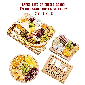 XcE Bamboo Cheese Board and Charcuterie Board with Knife Set, 16 x 13 x 1.5 inch, Include Extra Round Fruit Plate - Gift for Men, Women, Mother, Housewarming
