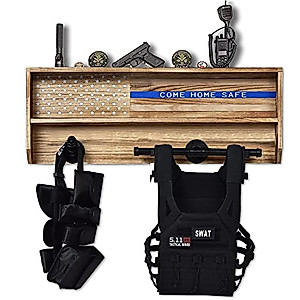 PINKBlUE Personalized Customization Wall Mounted Tactical Duty Gear Rack with Police Flag – Police Storage Shelf & Law Enforcement Organizer-Police Gift Decor, Wood Color-With Storage Layer
