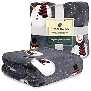 PAVILIA Christmas Snowman Throw Blanket | Grey Christmas Fleece Blanket | Soft, Plush, Warm Winter Cabin Throw, 50x60 (Grey Snowman)