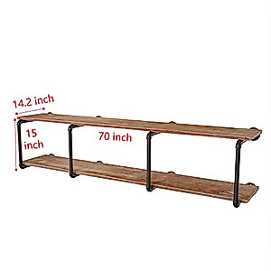 ROGMARS Industrial Pipe Shelving 70 Inch Pipe Shelves Solid Wood Floating Book Shelves Wood for Wall Decor Heavy Duty Floating Bar Shelves Industrial Shelving