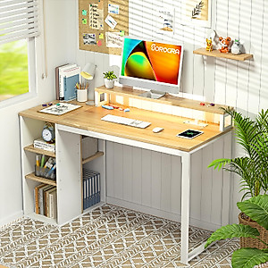 SOROGRA Small Computer Desk with Storage Shelves 39.4 inch Home Office Desk with LED Lights and Power Outlets, Writing Desk with Monitor Stand for Bedroom, Small Space, Oak