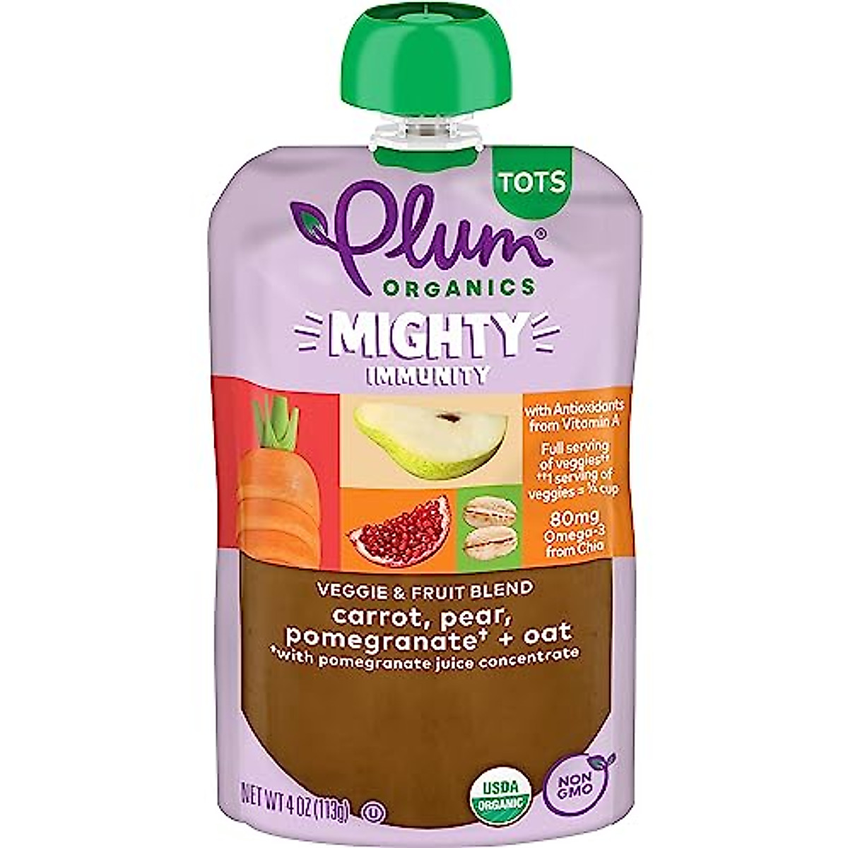 Plum Organics Mighty Immunity Organic Toddler Food - Carrot, Pear, Pomegranate, and Oat - 4 oz Pouch (Pack of 12) - Organic Vegetable Toddler Food Pouch