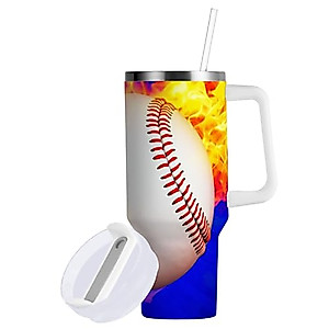 ODAWA 30 Oz Baseball Flames Blue Insulated Tumbler Cup with Lid and Straw, 2 in 1 Lid Insulated Stainless Steel Tumblers