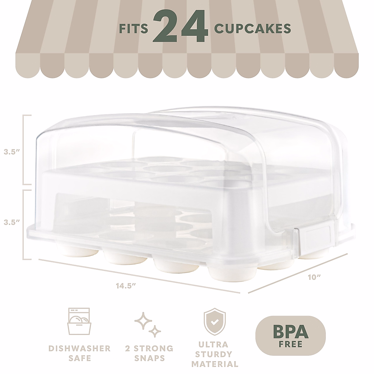 Cupcake Carrier 24 Count - Sturdy Cupcake Holder with Lid & 2 Handles, Stylish Two-Tier Cupcake Carrier/Stand, Spacious 3.5” Top & Bottom Tray