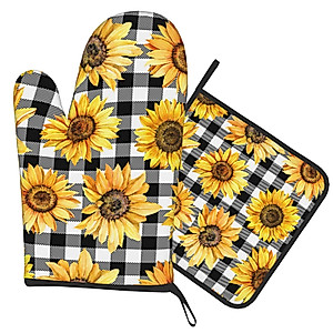 Beautiful Sunflower Buffalo Plaid Oven Mitts Pot Holders,Resistant Oven Mitts Pot Holders for Cooking BBQ Baking Kitchen Decor(2 Piece)