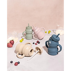 Hippypotamus Silicone Transition Cups - Squeeze-Proof Toddler Cups With Straw & Lid - Removable Handles - Set of 2 (Sage/Fog)