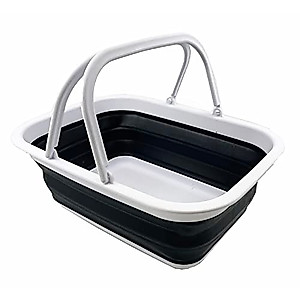 SAMMART 9.2L (2.37Gallon) Collapsible Tub with Handle - Portable Outdoor Picnic Basket / Crater - Foldable Shopping Bag - Space Saving Storage Container (White/Charcoal Black)