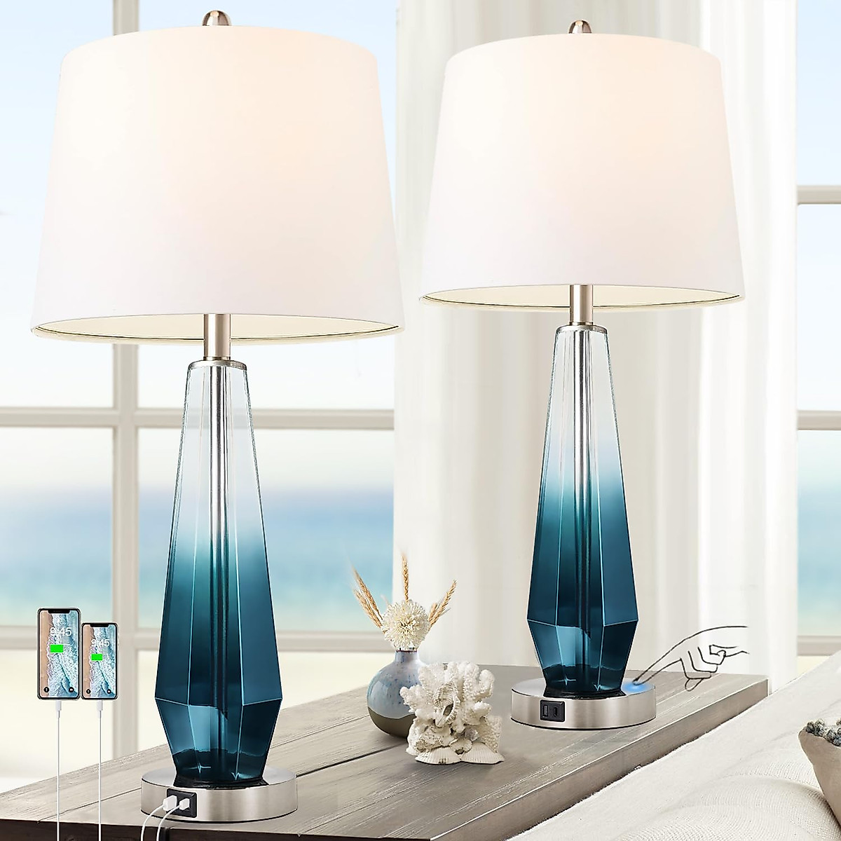 Modern Table Lamps Set of 2, 28" Teal Tall Lamp with USB C+A, Blue Glass Lamp Coastal Lamps with Linen Shade, Nightstand Bedside Lamps for Living Room End Table Buffet Lamps