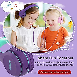 RORSOU K5 Kids Headphones with Microphone for shchool, Volume Limiter 85/94dB, Foldable Stereo Tangle-Free 3.5mm Jack Wired Cord On-Ear Headphones for Children/Boys/Girls/Kindle/Tablet/MP3/4 (Purple)