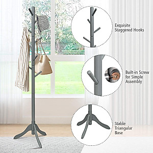 Tangkula Wooden Tree Coat Rack Freestanding, Entryway Coat Stand with 8 Hooks, Height Adjustable Coat Tree, Coat Hanger Stand for Home Office Hall Entryway