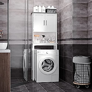 kleankin Modern Over The Toilet Storage Cabinet, Double Door Over Toilet Bathroom Organizer with Adjustable Shelf and Open Shelf, Grey