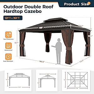 HAPPATIO 12' x 16' Hardtop Gazebo, Galvanized Steel Patio Double Roof Aluminum Gazebo with Curtains and Netting, Metal Permanent Pavilion Outdoor Gazebos for Patios, Gardens (Brown)