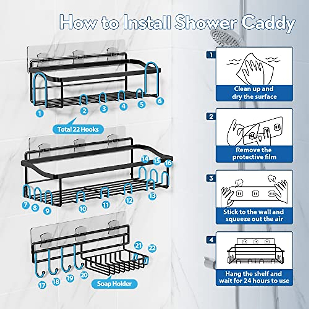 SIXDOVE 3 Pack Shower Caddy Shelves With 22 Hooks, Soap Holder Organizer Wall Mounted Shower Rack Basket With No Drilling Adhesive Shower Caddy Rustproof Storage Organizer (Black)