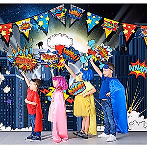 TMCCE Superhero Birthday Party Backdrop Supplies- Superhero Cityscape Photography Backdrop, 12 Superhero Photo Booth Props for Kids Superhero Birthday Party Decorations