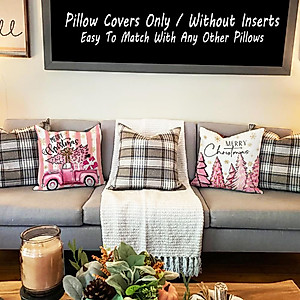 CARRIE HOME Pink Christmas Decor Pink Christmas Truck Tree Pillow Covers 18x18 Set of 2 Merry Christmas Outdoor Throw Pillows 18 x 18 for Porch and Couch (No Pillow Inserts)