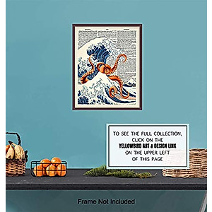 Japanese Kanagawa Wave Octopus Dictionary Wall Art Decor - Retro 8x10 Upcycled Home Decoration for Office, Apartment, Beach House, Living Room, Bedroom, Bathroom - Gift for Steampunk, Goth, Ocean Fans