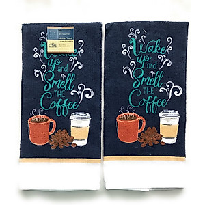 Home Collection 2 Deep Blue Coffee Theme Kitchen Towels (Wake Up and Smell The Coffee)