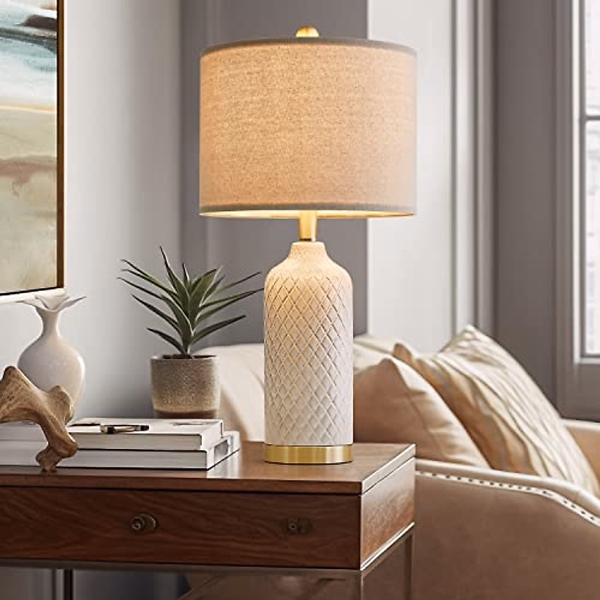 G-SAFAVA 24.25" Modern Ceramic Table Lamp Set of 2 White and Gold Lamp for Bedroom Living Room Bedside Lamps for Nightstand