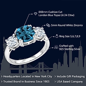 Gem Stone King 925 Sterling Silver London Blue Topaz and White Zirconia 3 Stone Engagement Ring For Women | 4.24 Cttw | Gemstone Birthstone | Cushion 8MM | Available in Size 5,6,7,8,9