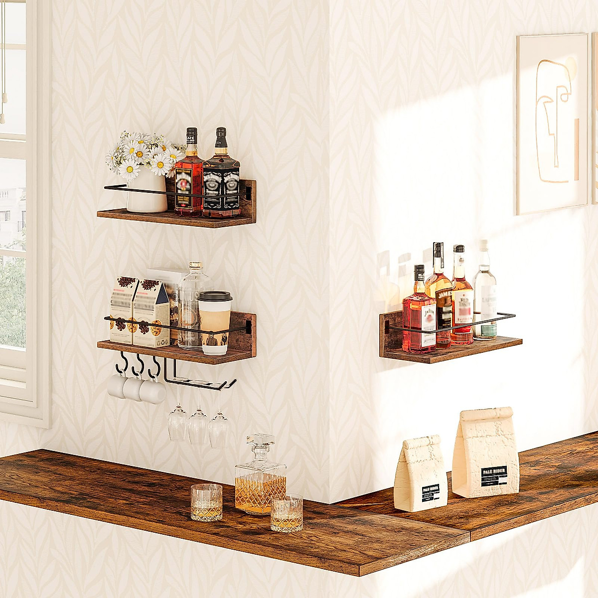 HOOBRO Wall Mounted Wine Rack 3 Pack, Wine Shelf Hanging Floating Wall Shelves, Wine Glass Bottle Rack Stemware Holder, for Living Room, Dining Room, Kitchen, Rustic Brown and Black BF33BJ01