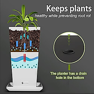 Elevens Set of 2 Tall Outdoor Planters 28 Inch, Large Planters for Indoor Outdoor Plants, Tapered Square Flower Pots with Tray for Patio, White