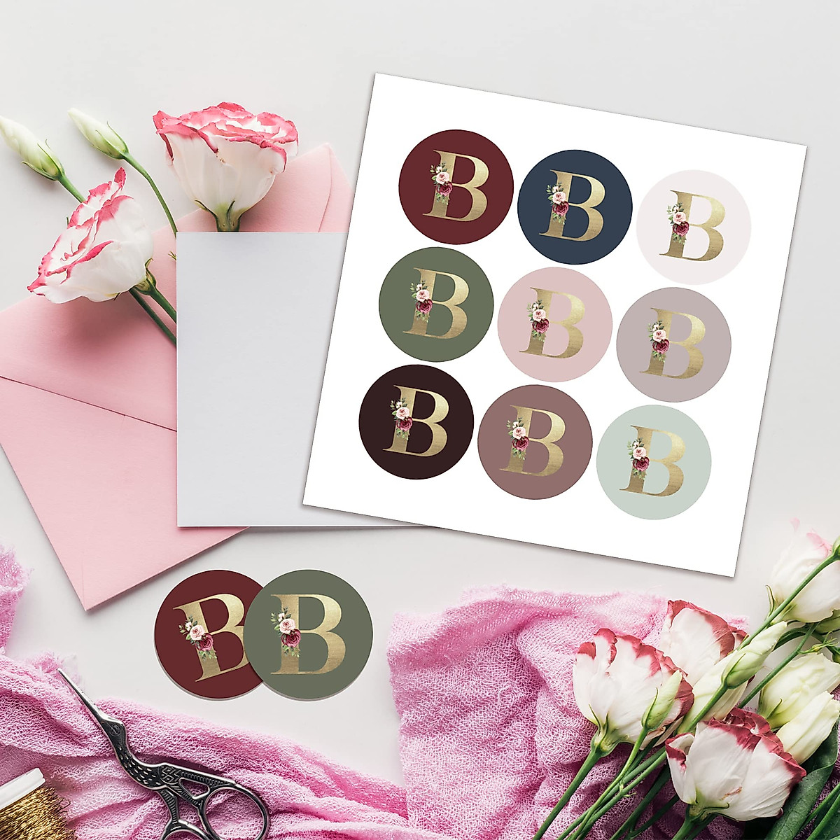 Mobiusea Creation Monogram Stickers| Gold Foil | Initial Envelope Seals Letter B | 9 Chic Color Assortments | Wedding Monogram Stickers| 1.4 Inch | 90pcs Floral Envelop Stickers Seals