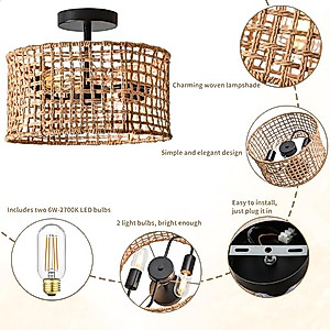 XININSUN Rattan Ceiling Light Fixtures, Boho Woven Semi Flush Mount Ceiling Light,2-Light Rattan Light Fixtures Ceiling Mount,Farmhouse Close to Ceiling Light for Bedroom Hallway Entryway, (000)