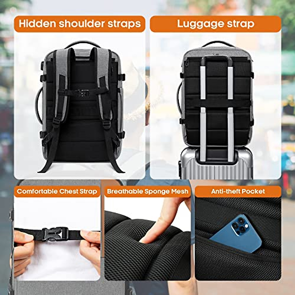 POWAITER Travel Backpack for Women Men, Carry On Backpack Flight Approved Fits 17 Inch Laptop with 4 Packing Cubes for Travel & Business Trip-Gray