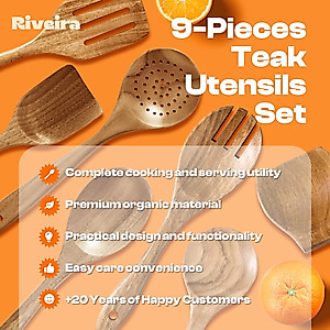 Riveira 9 Pieces Teak Wooden Spoons For Cooking – Premium & Durable Organic Teak Wooden Cooking Utensils – Non Stick Wooden Spatula For Cooking – Non Toxic Wooden Utensil Set With Holder & Spoon Rest