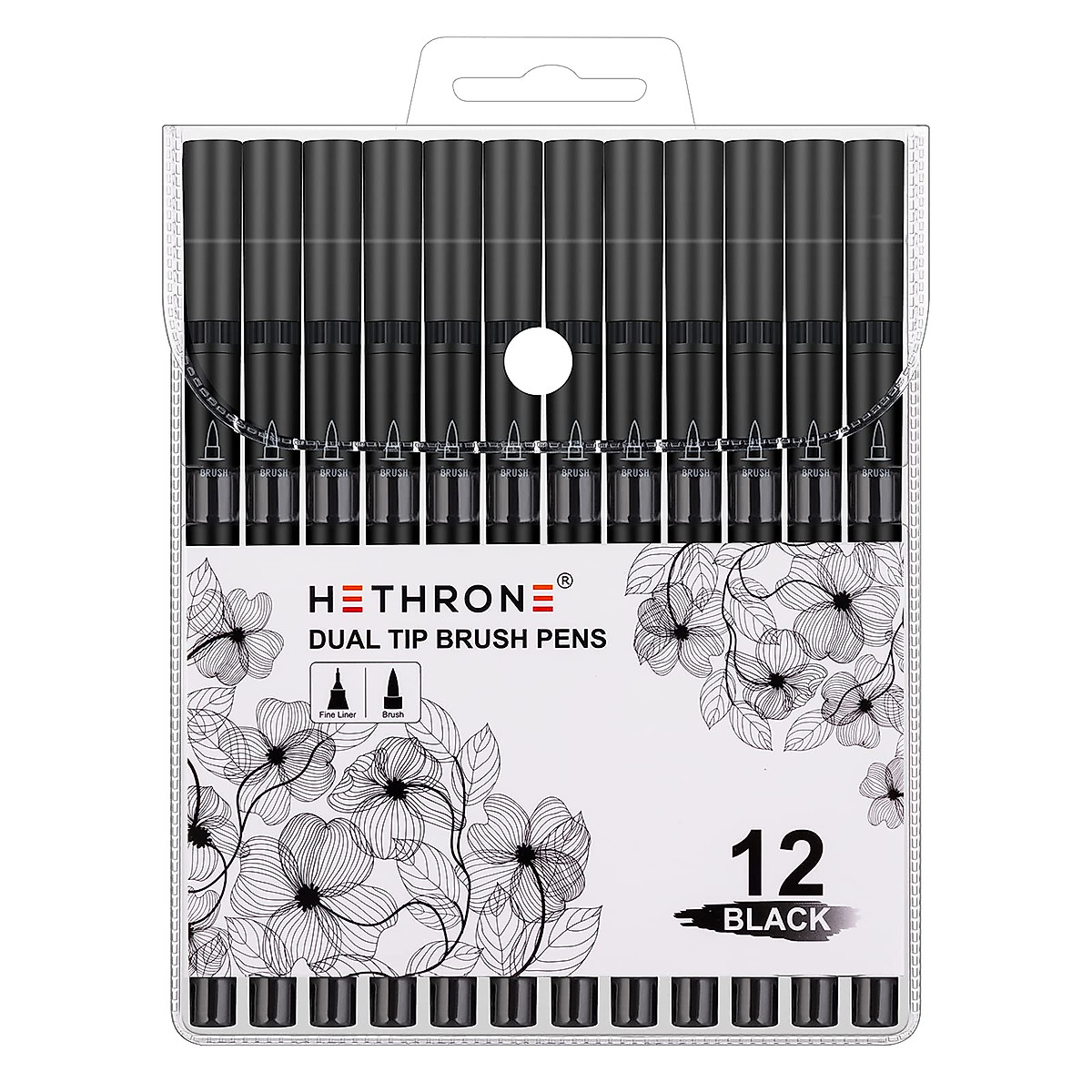 Hethrone Black Marker - Felt Tip Pens Drawing Pens Dual Brush Pens Art Supplies 12 Pack