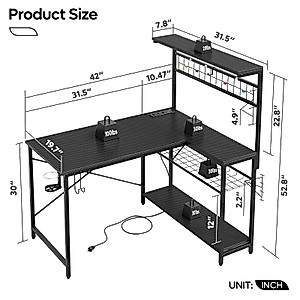 Bestier 42 L Gaming Desk,Computer Desk with Power Outlets, LED Lights, Reversible Corner Desk with 4-Tier Shelves,Cup Holder & Hook Carbon Fiber Black