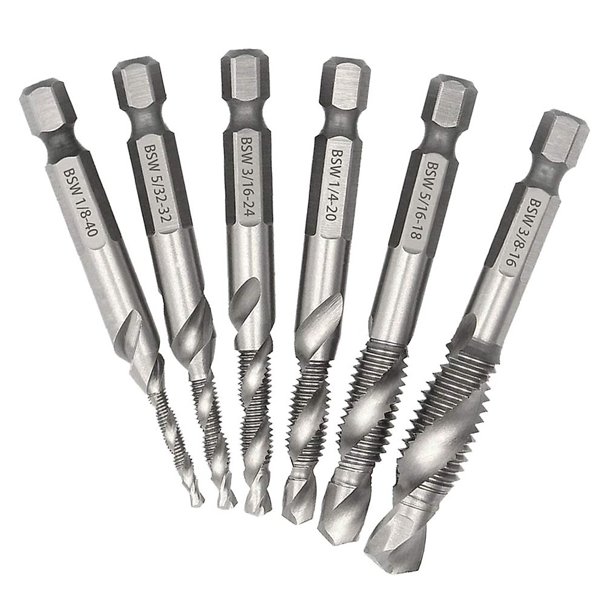 Saiper 6pcs Drill Tap Combination Bit Set (1/8''-3/8'') with 1/4" Hex Shank, HSS 4341 Drill Tap Countersink Screw Thread Bits