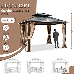 MELLCOM 10 x 12 FT Iron Hardtop Gazebo, Double Roof Gazebo with Curtains and Netting, Waterproof Canopy Gazebo with Anti-Rust Coating Frame for Patios, Lawns, Gardens, and Backyard